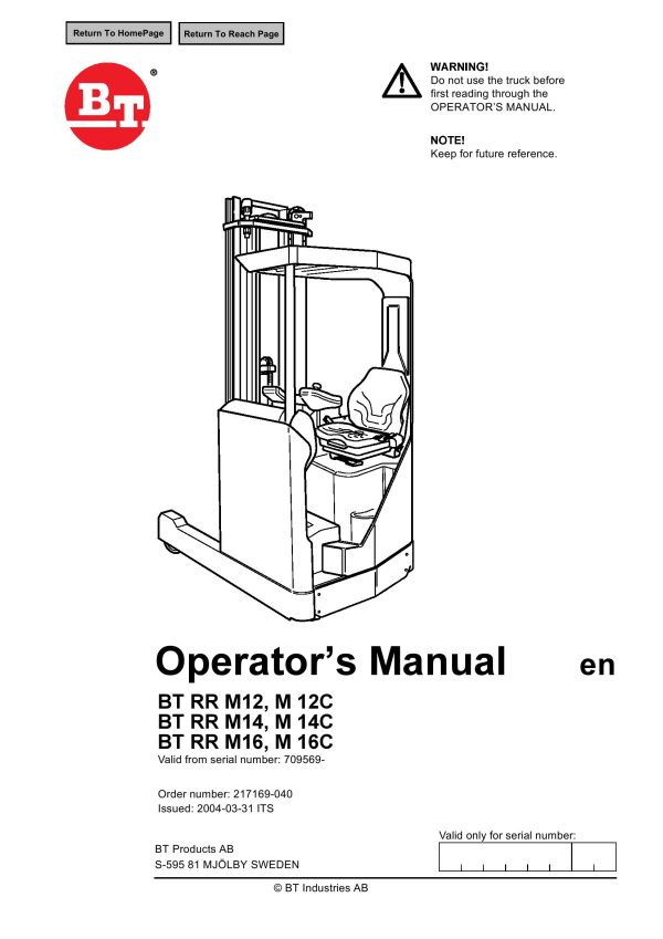 BT Forklift RR M12 M12C M14 M14C M16 M16C Operator's Manual