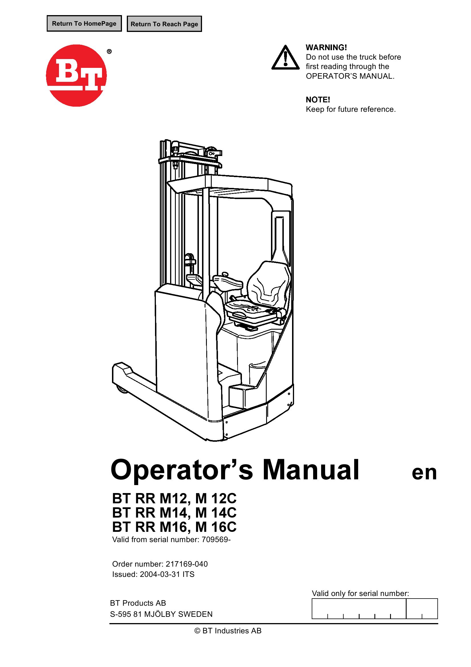 BT Forklift RR M12 M12C M14 M14C M16 M16C Operator's Manual