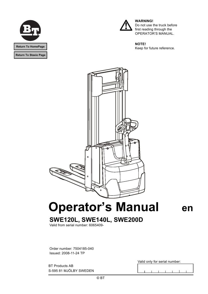 BT Forklift SWE120L SWE140L SWE200D Operator's Manual