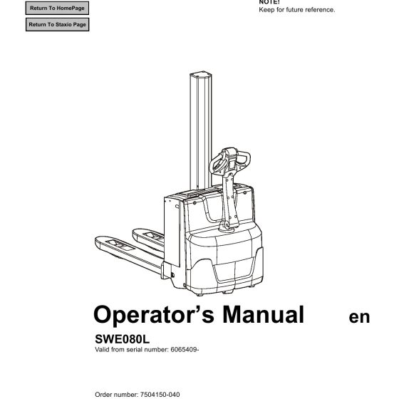 BT Forklift Staxio SWE120S Operator's Manual