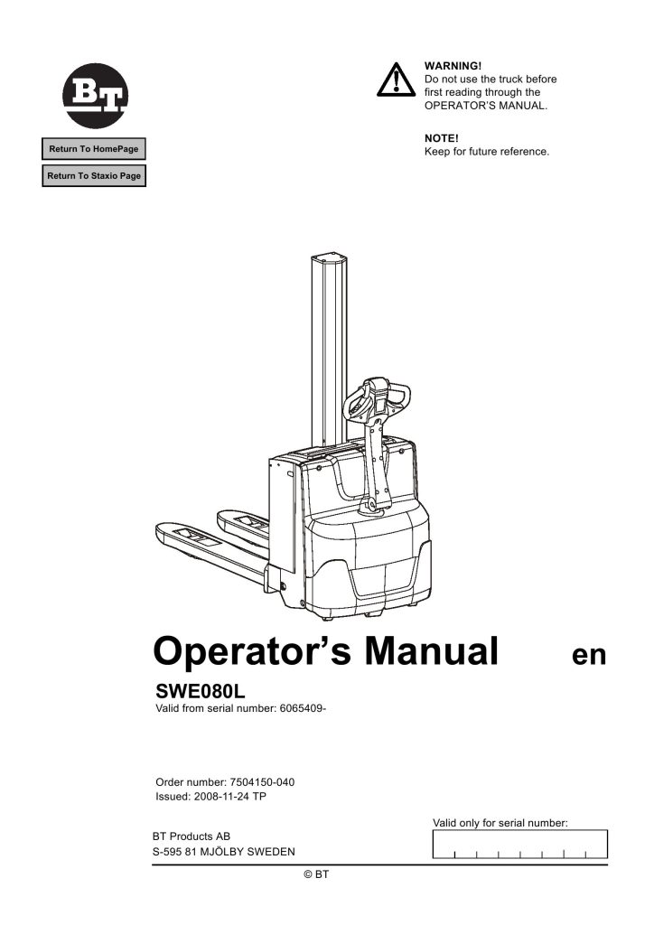 BT Forklift SWE080L Operator's Manual