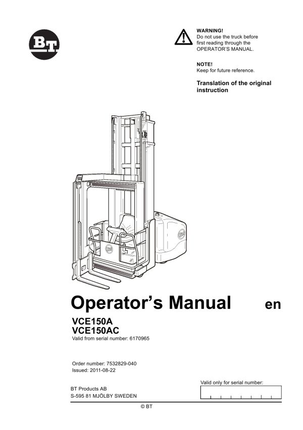 BT Forklift VCE150A VCE150AC Operator's Manual