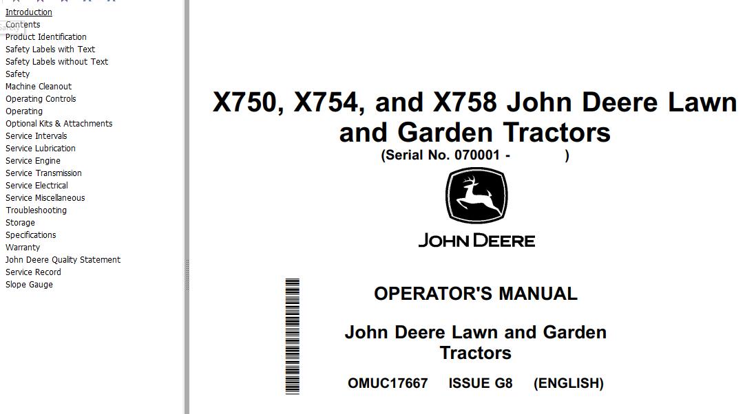 John Deere Lawn And Garden Tractors X750 X754 X758 Operator's Manual
