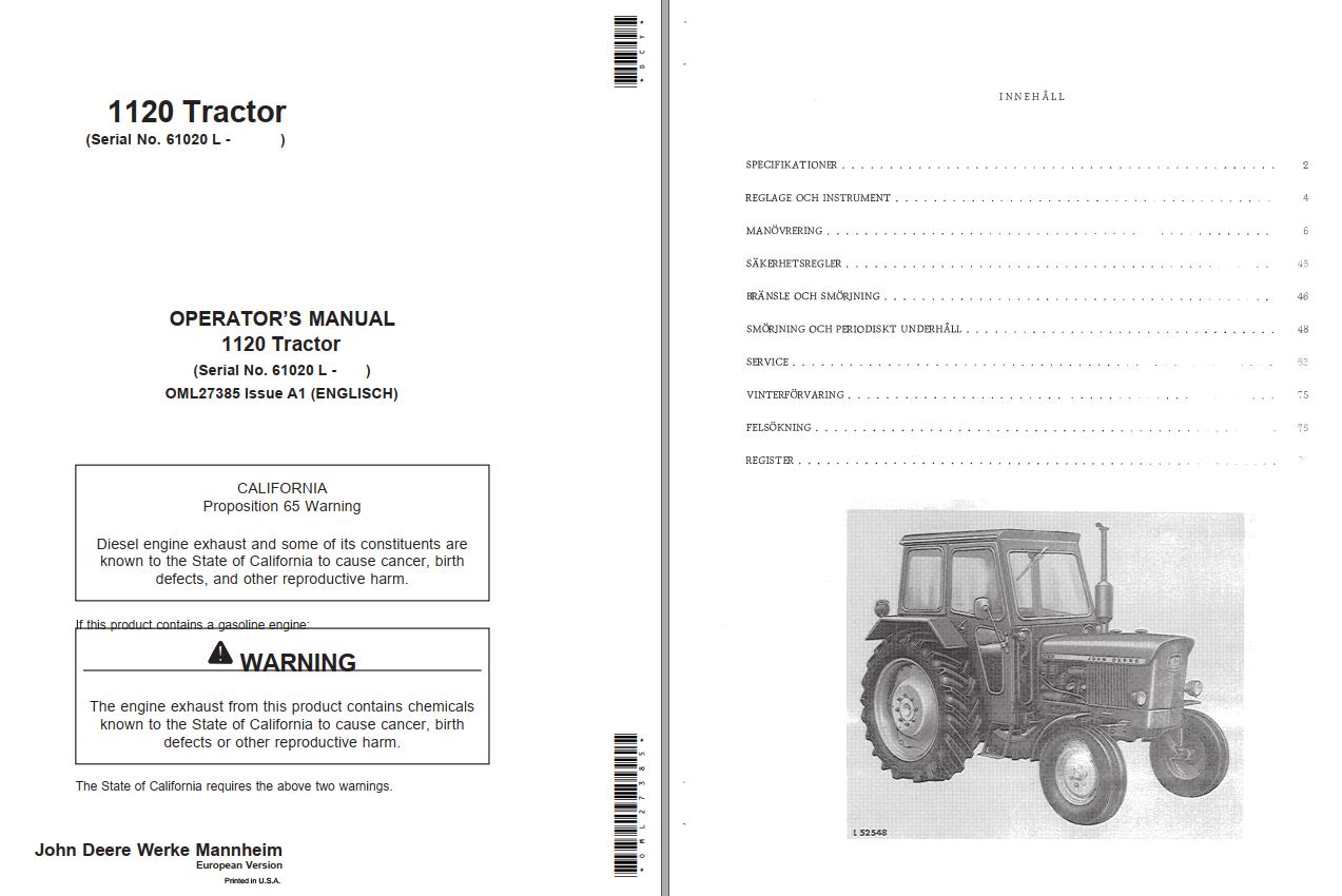 John Deere Tractor 1120 Operator's Manual SV