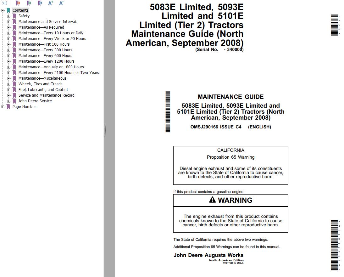 John Deere Tractor 5083E 5093E 5101E Limited (Tier 2) Maintenance Guide