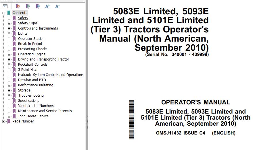 John Deere Tractor 5083E 5093E 5101E Limited (Tier 3) Operator's Manual