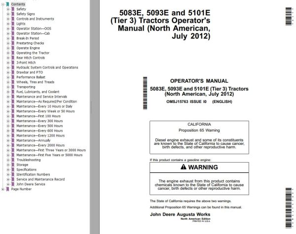 John Deere Tractor 5083E 5093E 5101E Operator's Manual
