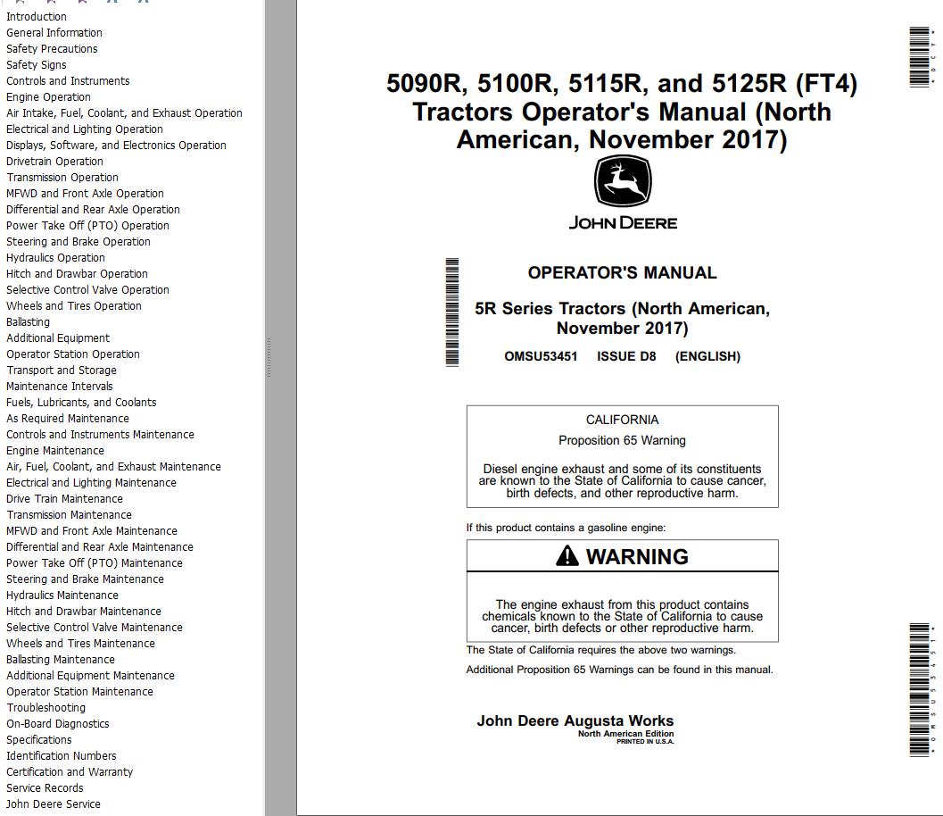 John Deere Tractor 5090R 5100R 5115R 5125R (FT4) Operator's Manual