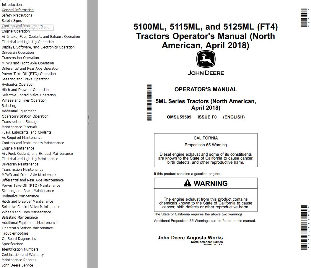 John Deere Tractor 5100ML 5115ML 5125ML (FT4) Operator's Manual