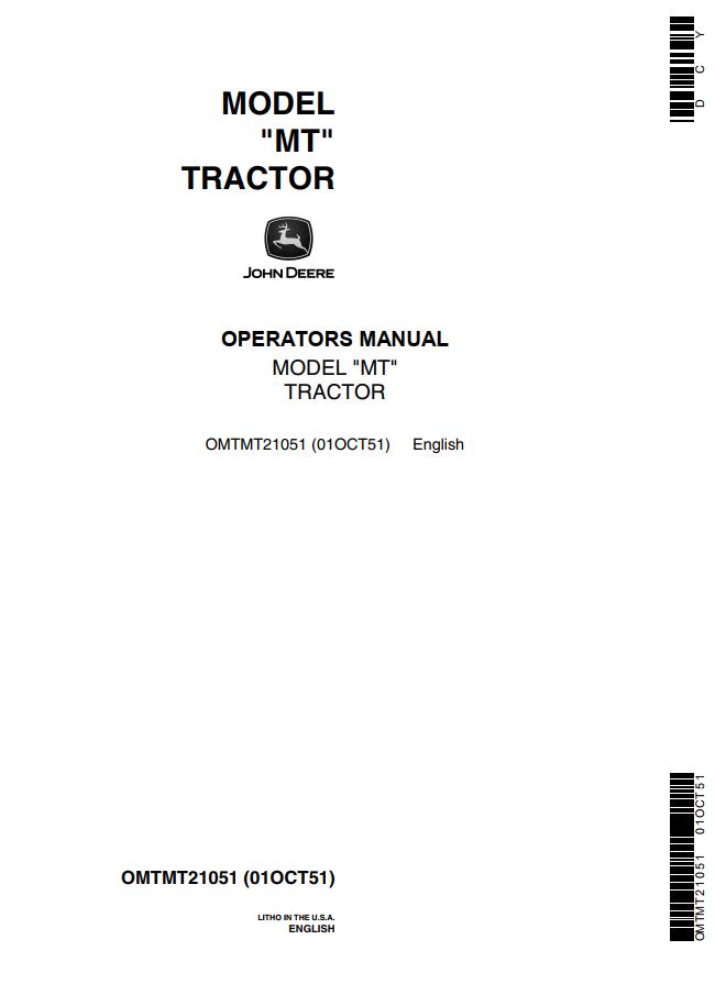 John Deere Tractor MT Operators Manual