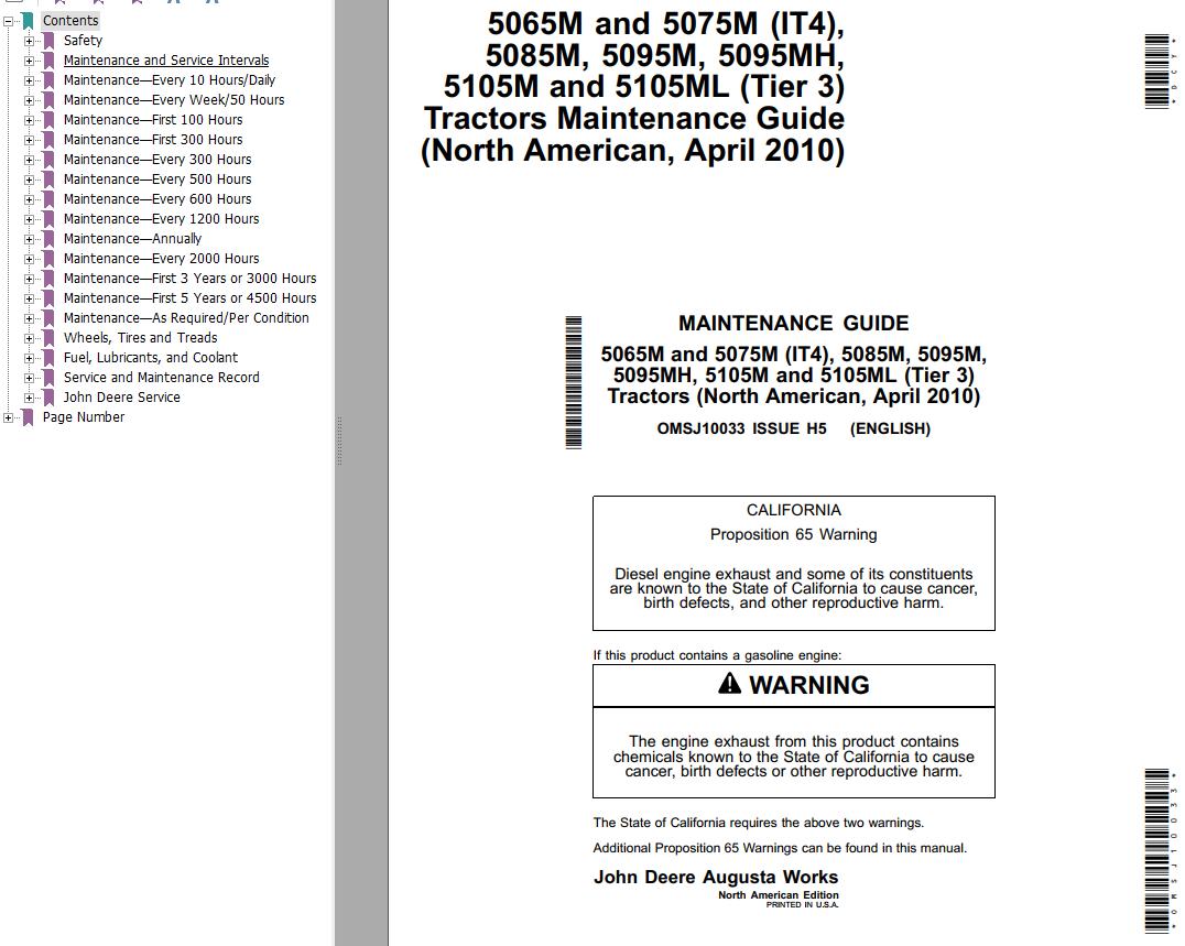 John Deere Tractors 5065M to 5105ML (Tier 3) Maintenance Guide