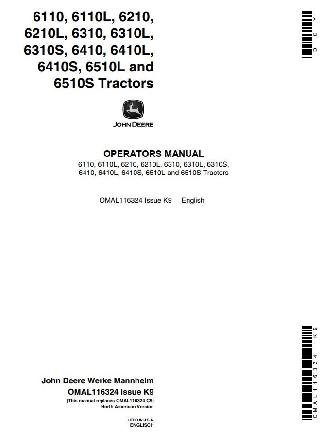 John Deere Tractors 6110 to 6510S Operators Manual