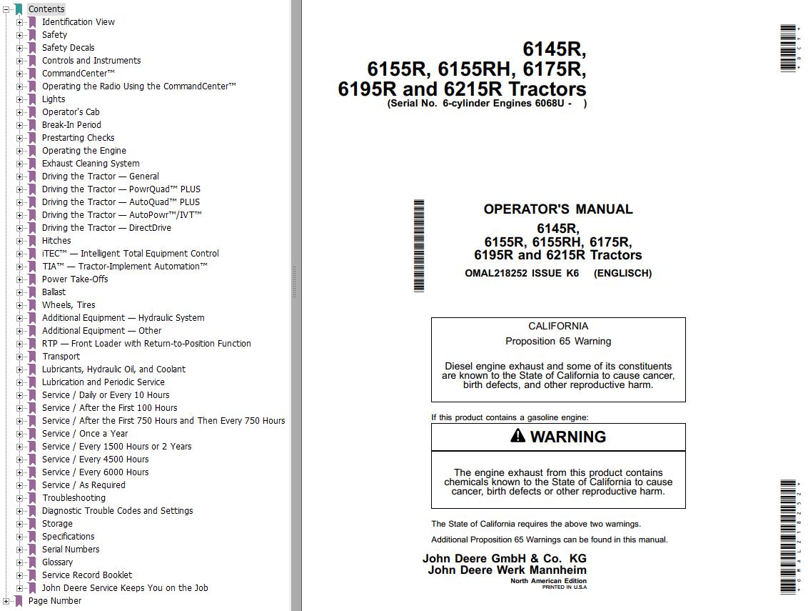 John Deere Tractors 6145R to 6215R Operator's Manual