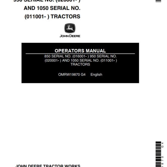 John Deere Tractors 870 970 1070 Operators Manual