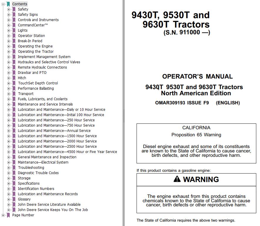 John Deere Tractors 9430T 9530T 9630T Operator's Manual