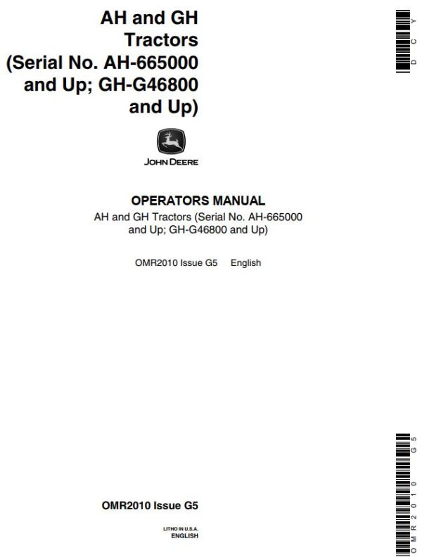 John Deere Tractors AH GH Operators Manual