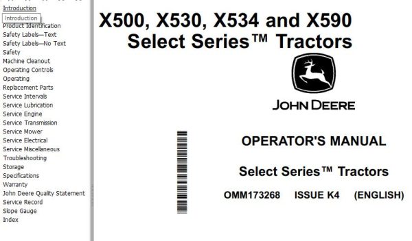 John Deere Tractors X500 X530 X534 X590 Operator's Manual