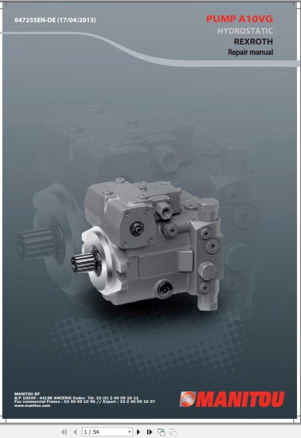Manitou Pump Hydrostatic Rexroth A10VG Repair Manual 647255EN-DE