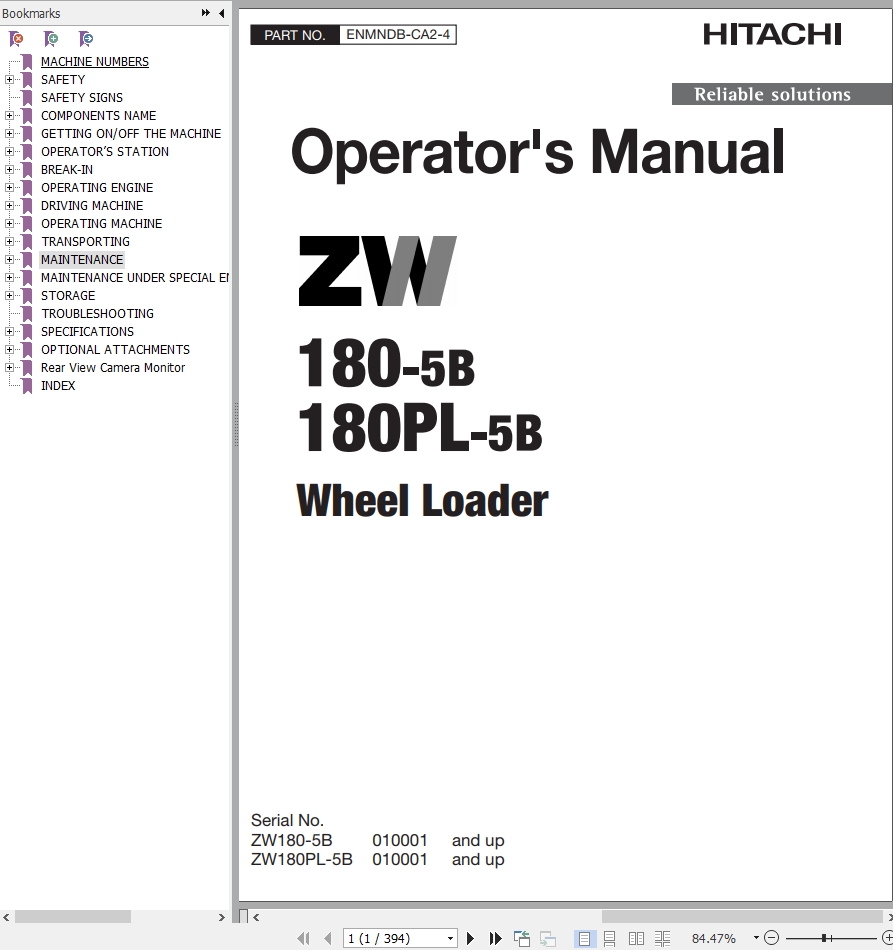 Hitachi Wheel Loader ZW180-5B Operator Manual ENMNDB-CA2-4