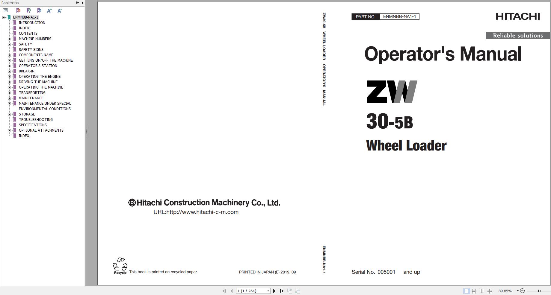 Hitachi Wheel Loader ZW30-5B Operator Manual