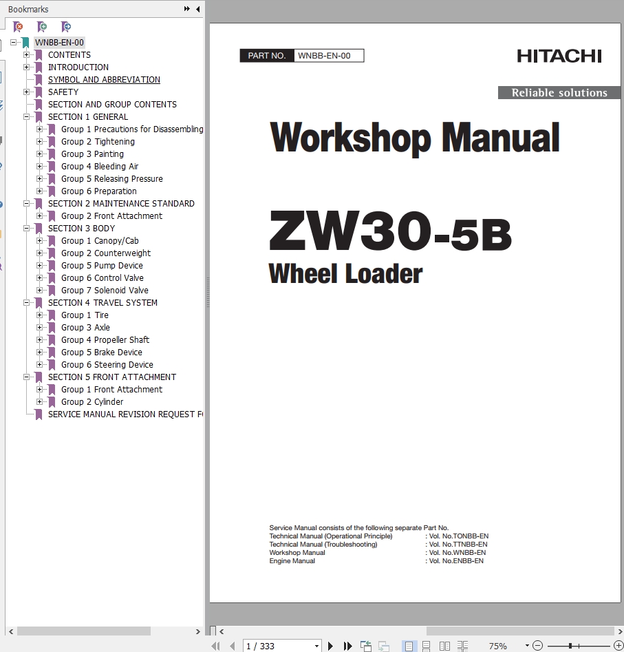 Hitachi Wheel Loader ZW30-5B Workshop Manual WNBB-EN-00