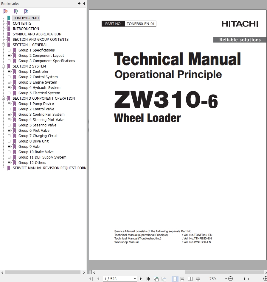 Hitachi Wheel Loader ZW310-6 Technical Manual