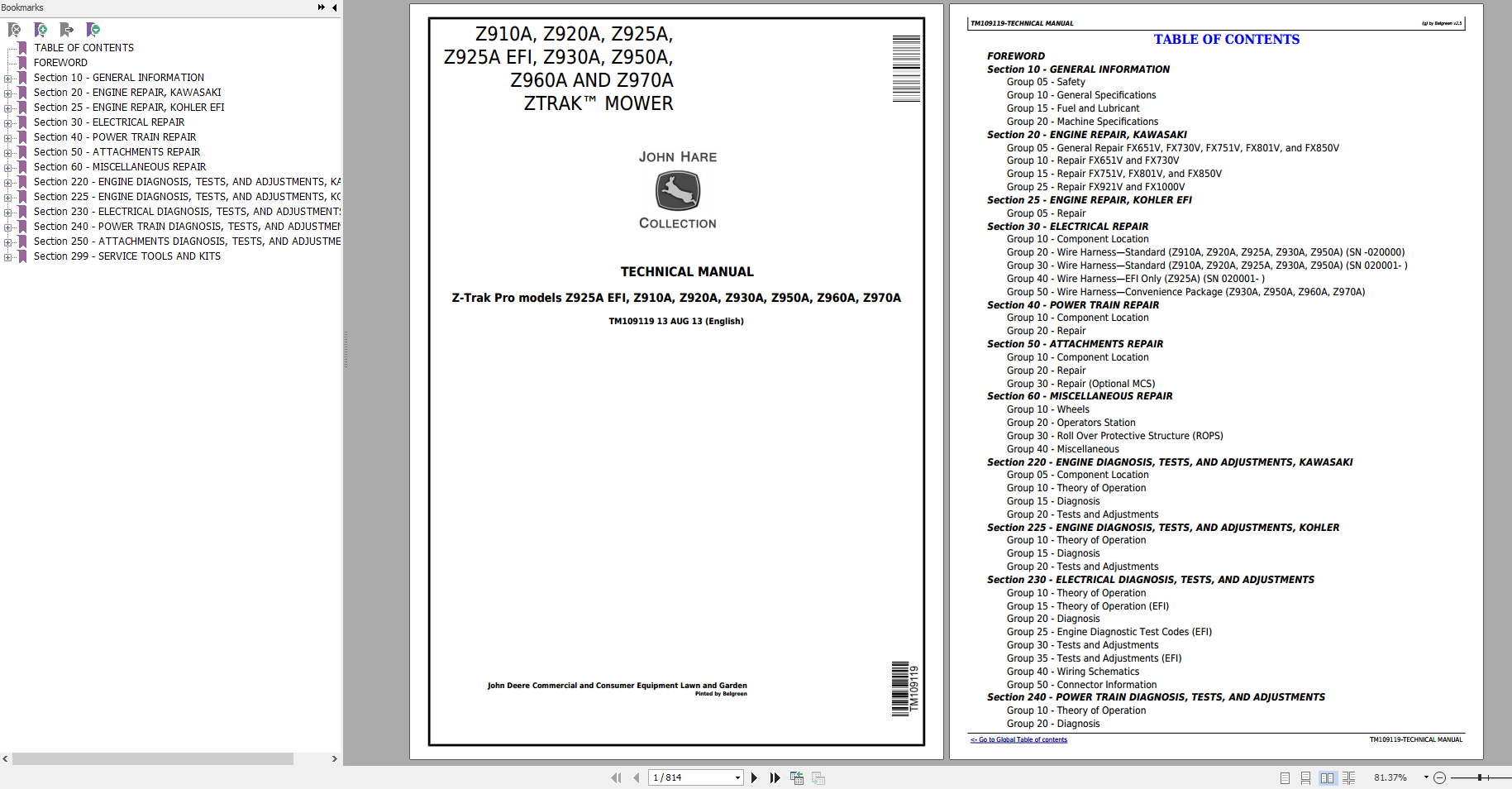 John Deere Z910A Z920A Z925A Z930A Z950A Z960A Z970A ZTrak Mower Technical Manual TM109119 2013