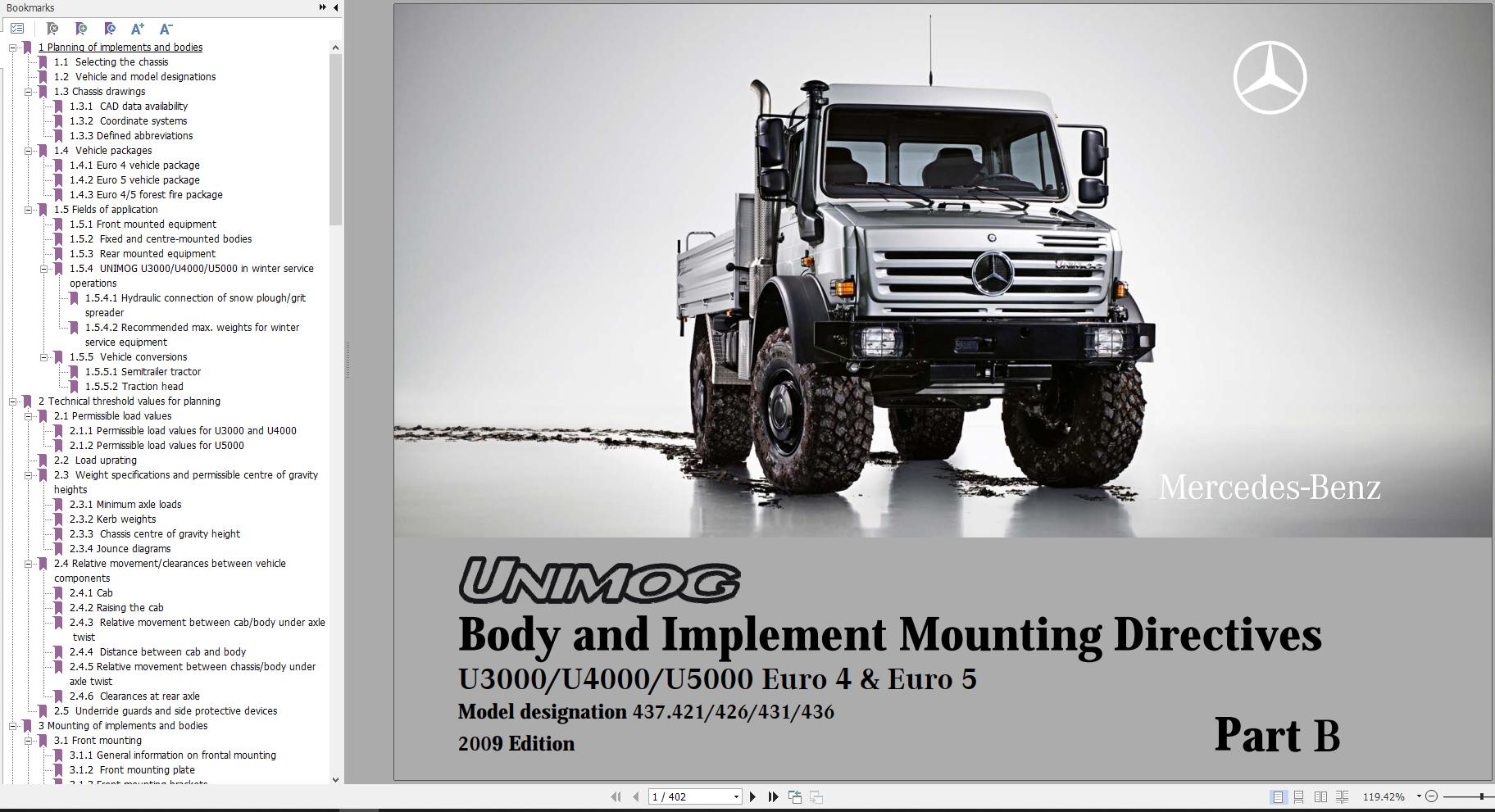 Mercedes-Benz Unimog U3000 U4000 U5000 Body and Implement Mounting Directives Manual