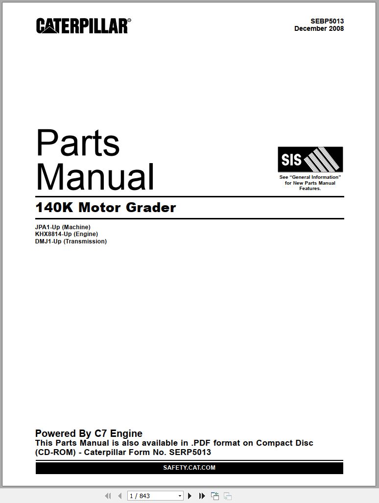 Caterpillar Motor Grader 140K Parts Manual SEBP5013