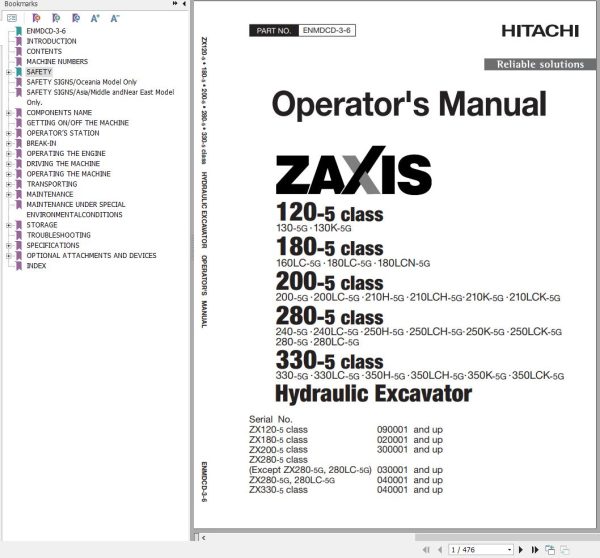 Hitachi Hydraulic Excavator ZX120-5 to ZX330-5 Class Operator's Manual