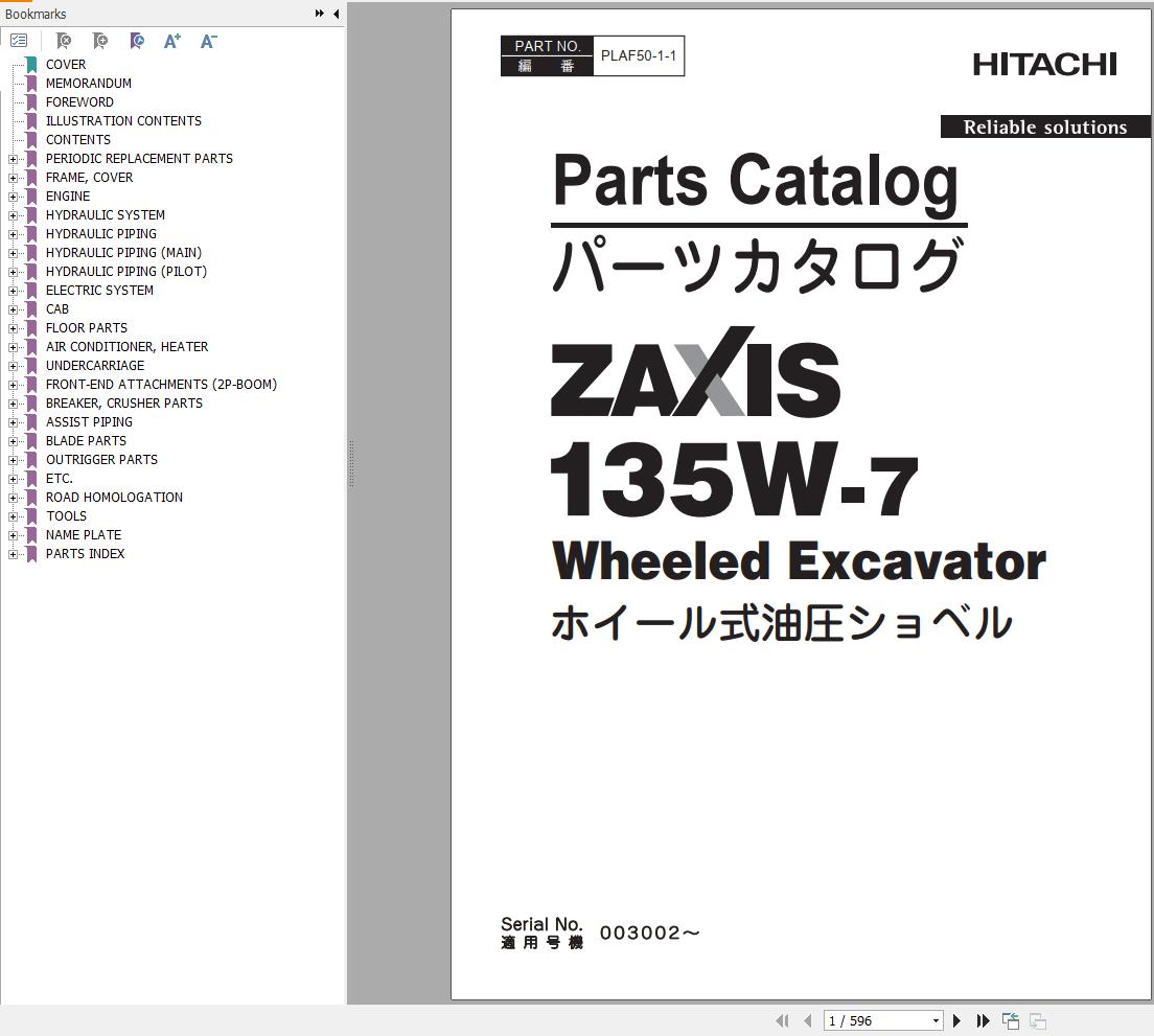 Hitachi Hydraulic Excavator ZX135W-7 Parts Catalog EN JP