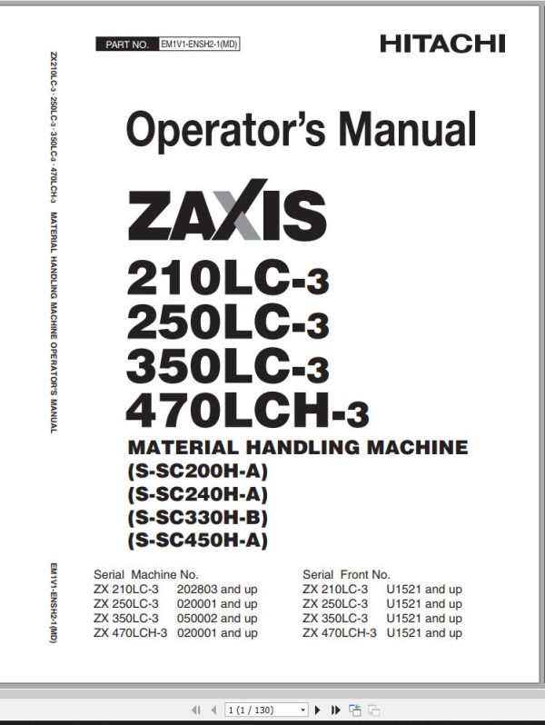 Hitachi Hydraulic Excavator ZX210LC-3 ZX250LC-3 ZX350LC-3 ZX470LCH-3 Operator's Manual