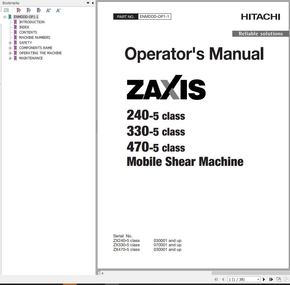 Hitachi Hydraulic Excavator ZX240-5 ZX330-5 ZX470 Class Operator's Manual