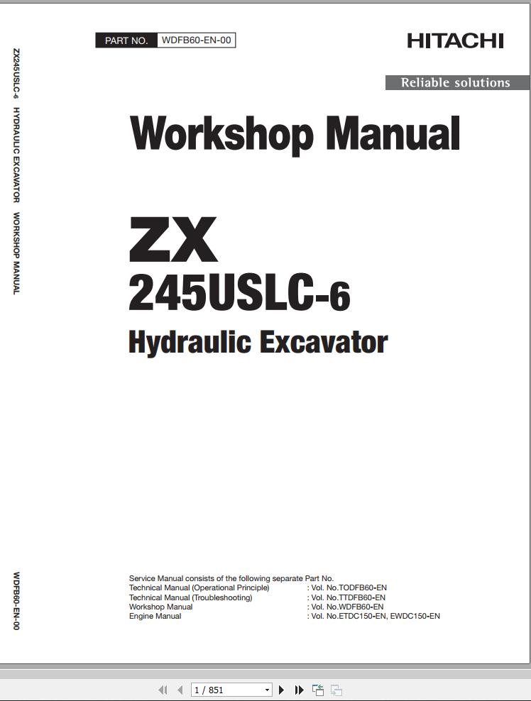 Hitachi Hydraulic Excavator ZX245USLC-6 Workshop Manual WDFB60-EN-00