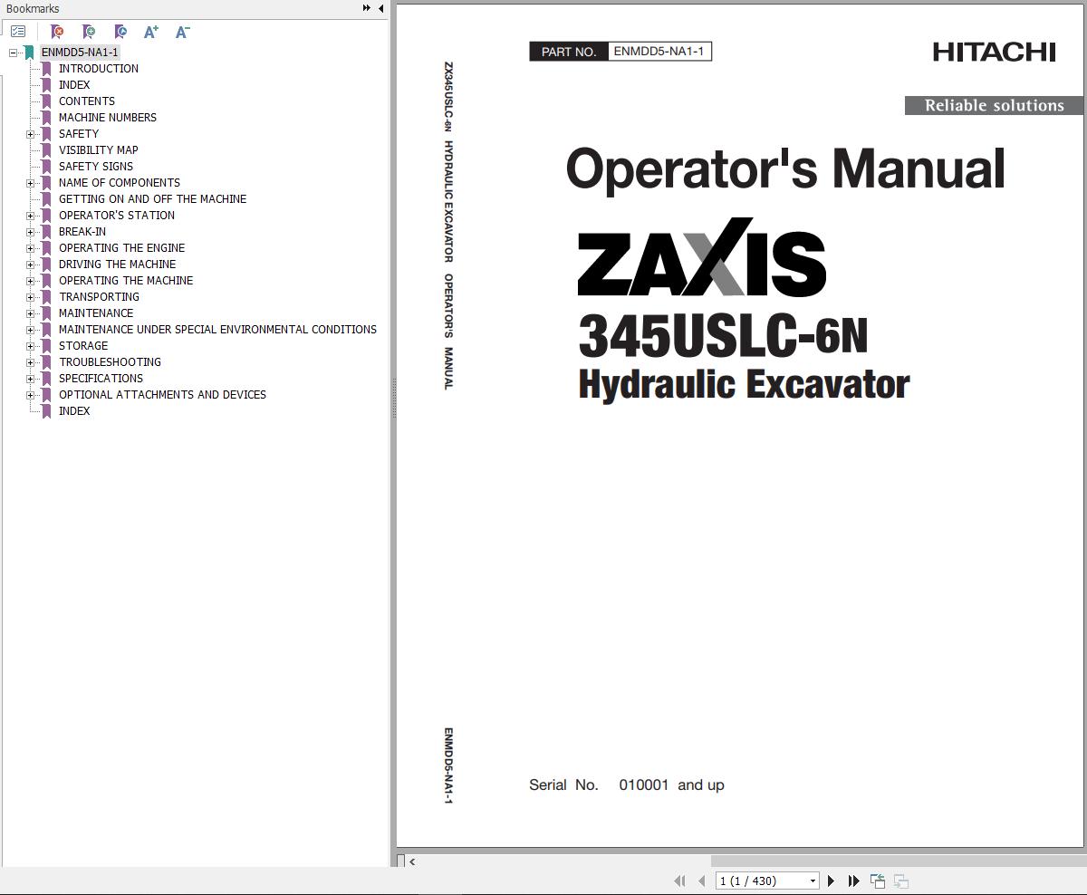 Hitachi Hydraulic Excavator ZX345USLC-6N Operator's Manual ENMDD5-NA1-1