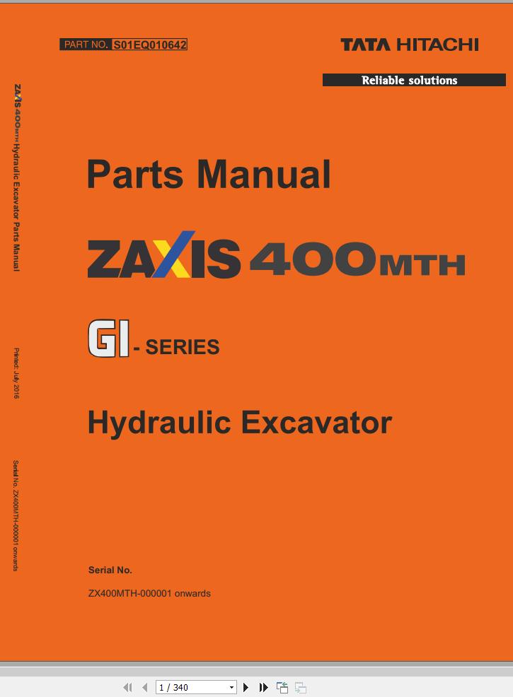Hitachi Hydraulic Excavator ZX400MTH GI Series Parts Manual