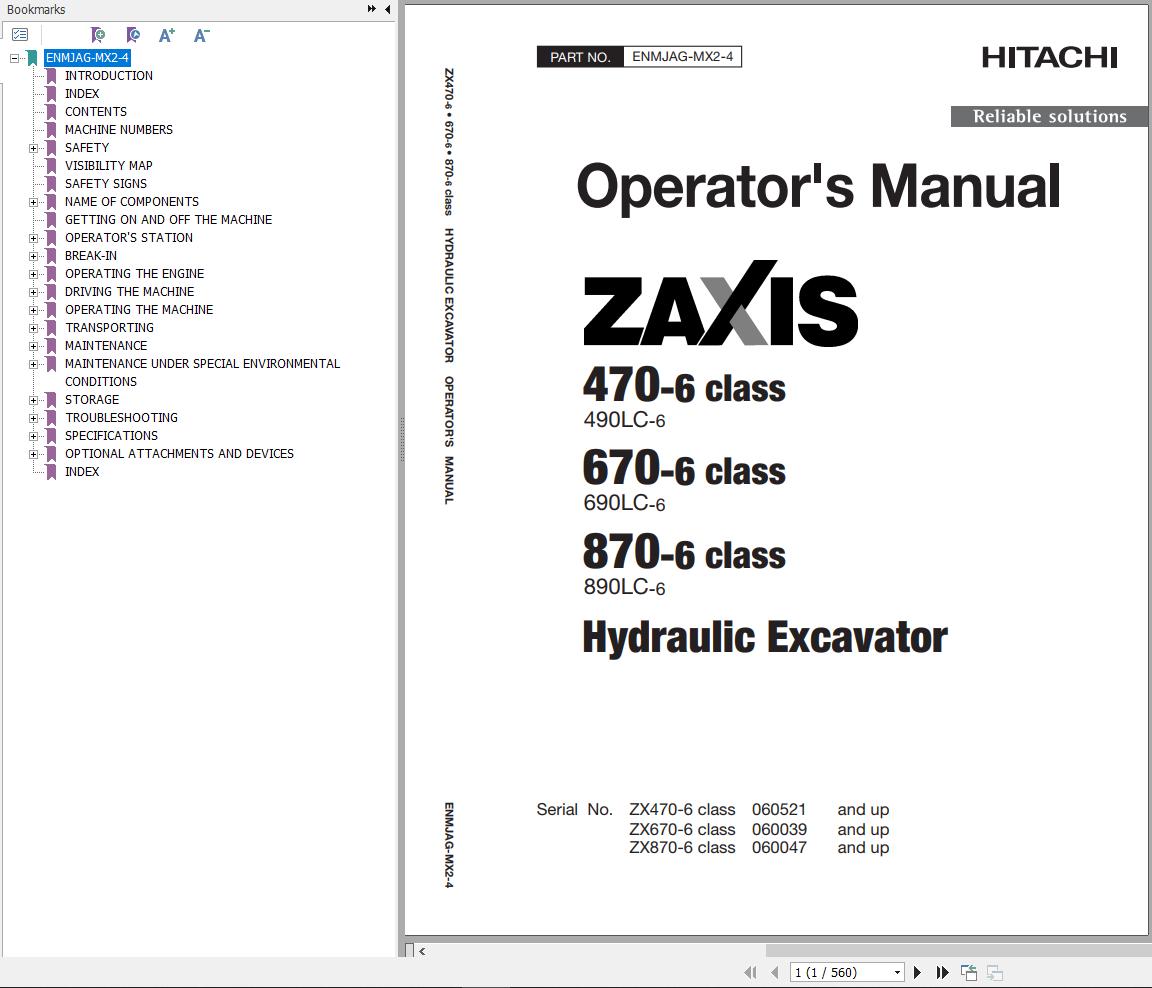 Hitachi Hydraulic Excavator ZX490LC-6 ZX690LC-6 ZX890LC-6 Operator's Manual