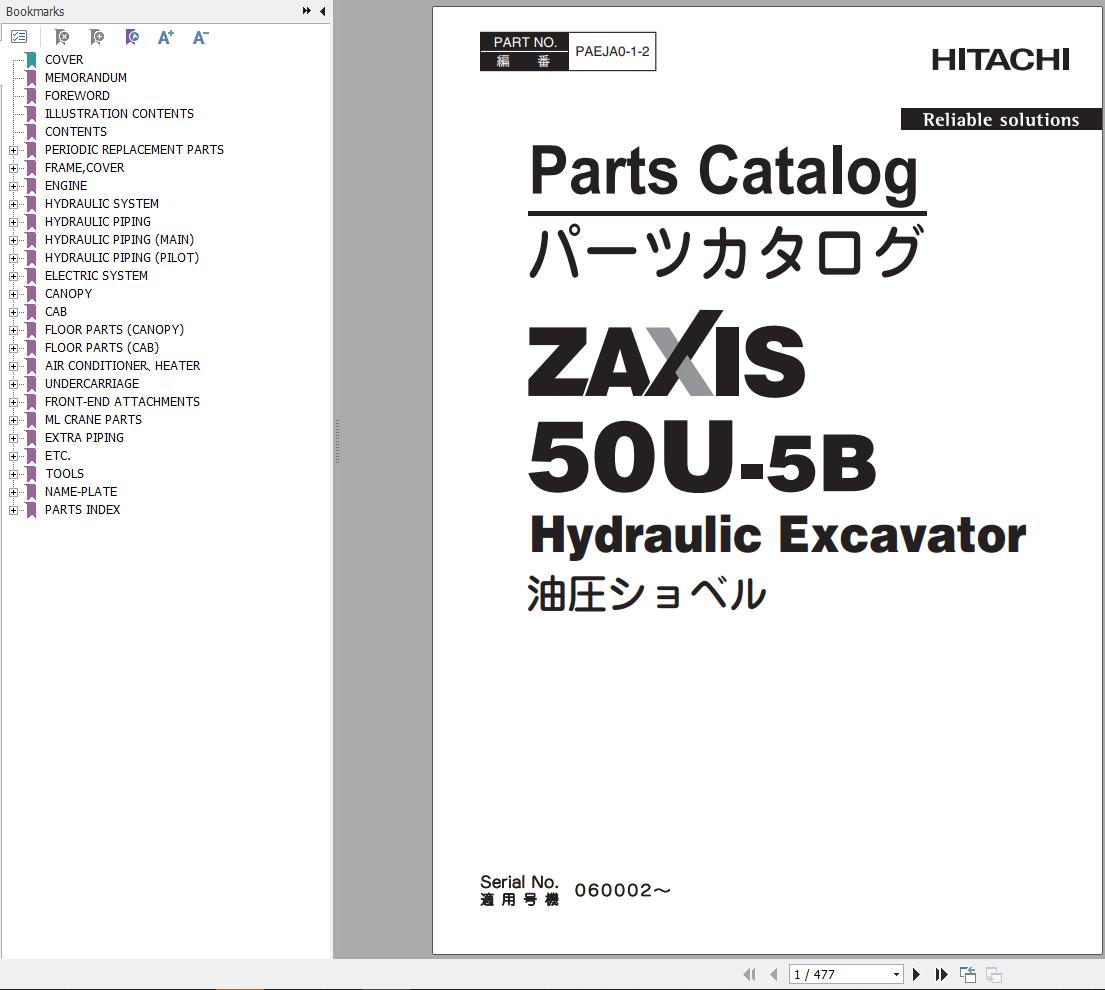 Hitachi Hydraulic Excavator ZX50U-5B Parts Catalog EN JP