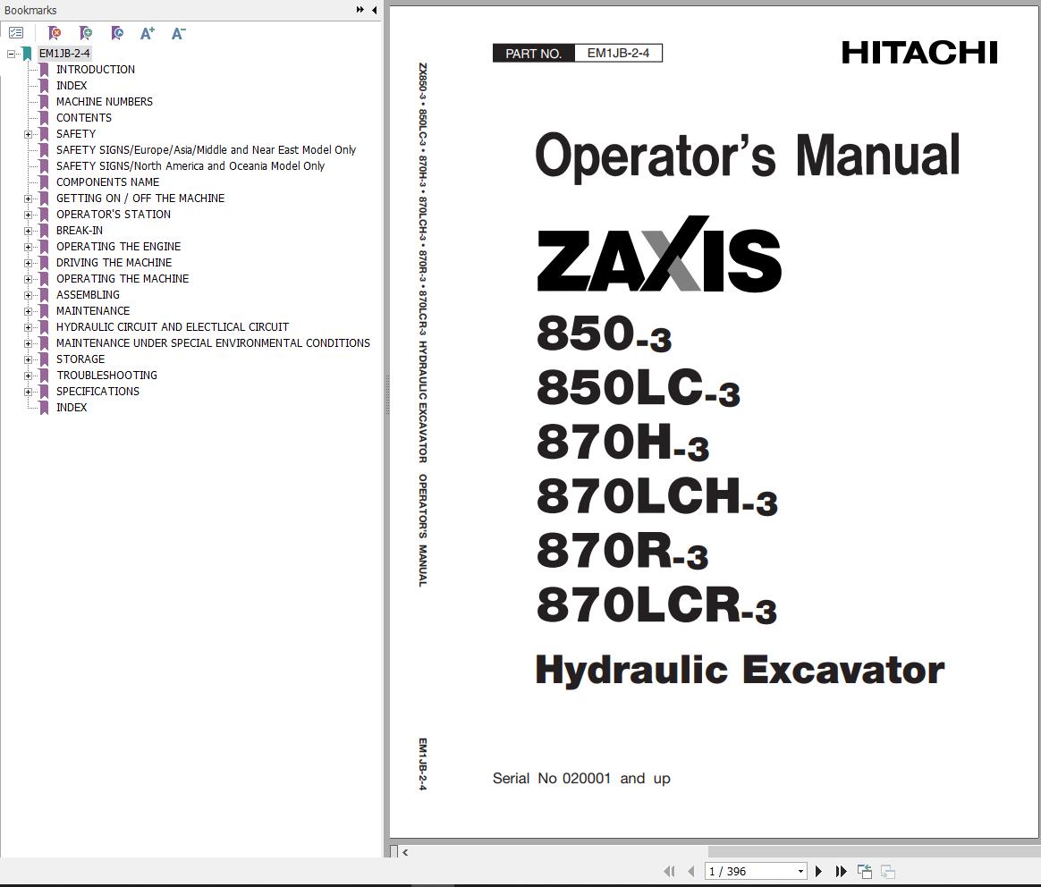 Hitachi Hydraulic Excavator ZX850-3 ZX870H-3 Operator's Maintenance Manual
