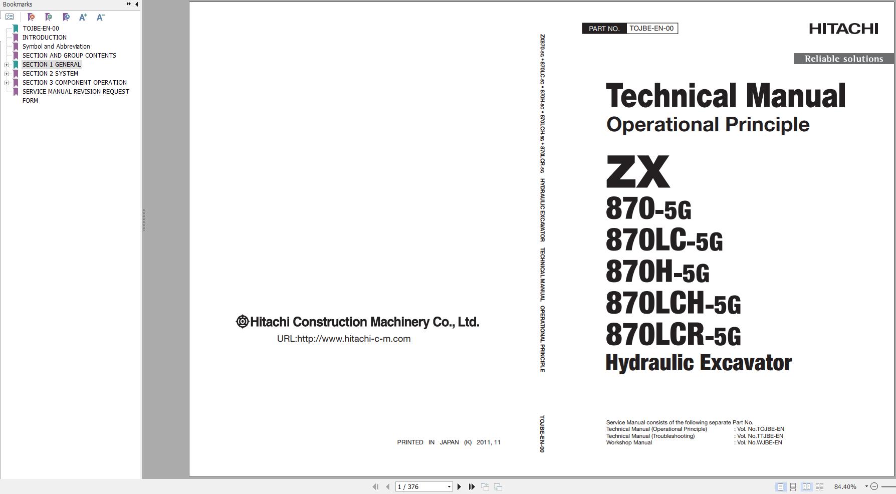 Hitachi Hydraulic Excavator ZX870H-5G Technical Manual