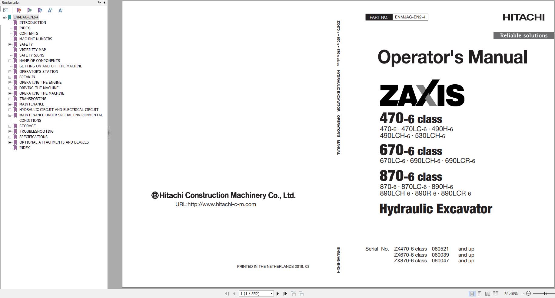Hitachi Hydraulic Excavator ZX890LCH-6 ZX890LCR-6 Operator's Manual
