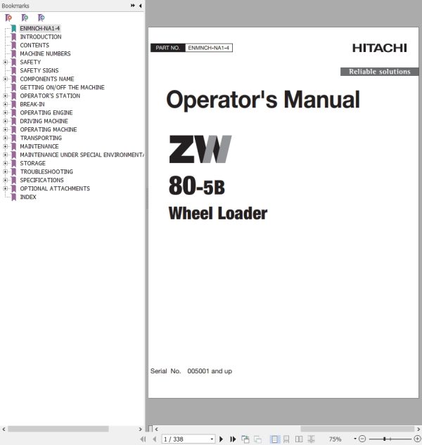 Hitachi Wheel Loader ZW80-5B Operator Manual ENMNCH-NA1-4