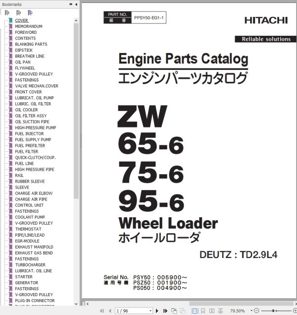 Hitachi Wheel Loader ZW95-6 Engine Parts Catalog PPSY50-EG1-1 EN JP