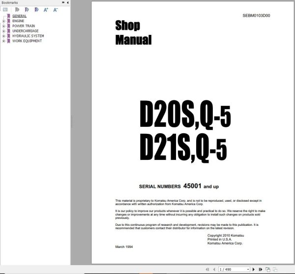 Komatsu Bulldozer D20S-5 D20Q-5 D21S-5 D21Q-5 Shop Manual SEBM0103D00