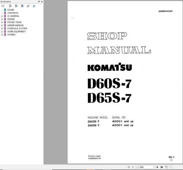 Komatsu Bulldozer D60S-7 D65S-7 Shop Manual SEBM0141C01