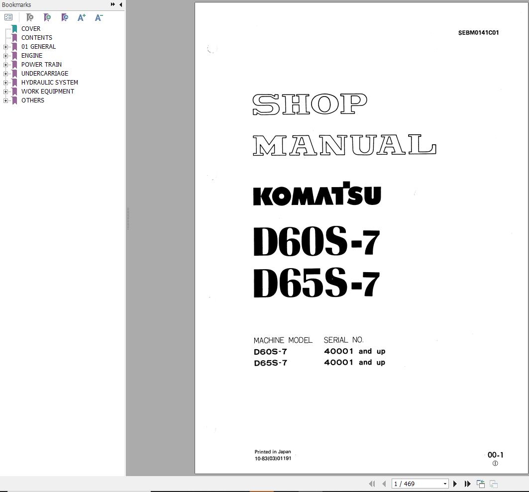 Komatsu Bulldozer D60S-7 D65S-7 Shop Manual SEBM0141C01
