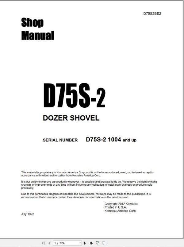 Komatsu Dozer Shovel D75S-2 Shop Manual D75S2BE2