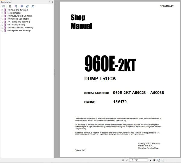 Komatsu Dump Truck 960E-2KT Shop Manual CEBM028401
