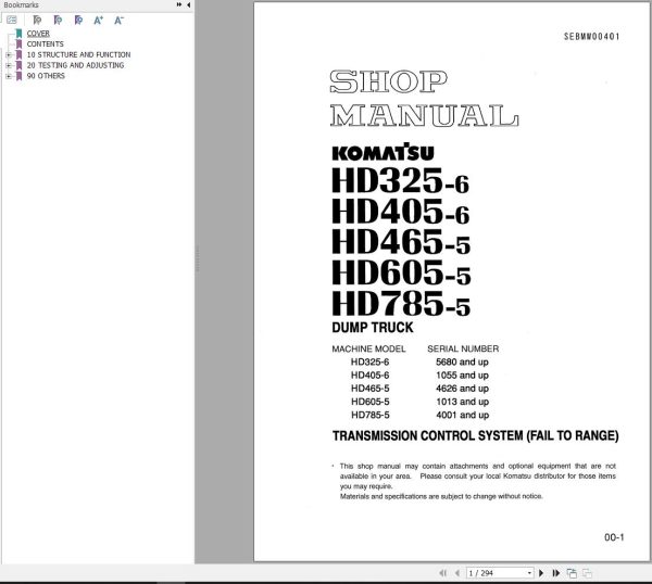 Komatsu Dump Truck HD325-6 HD405-6 HD465-5 HD605-5 HD785-5 Shop Manual ...