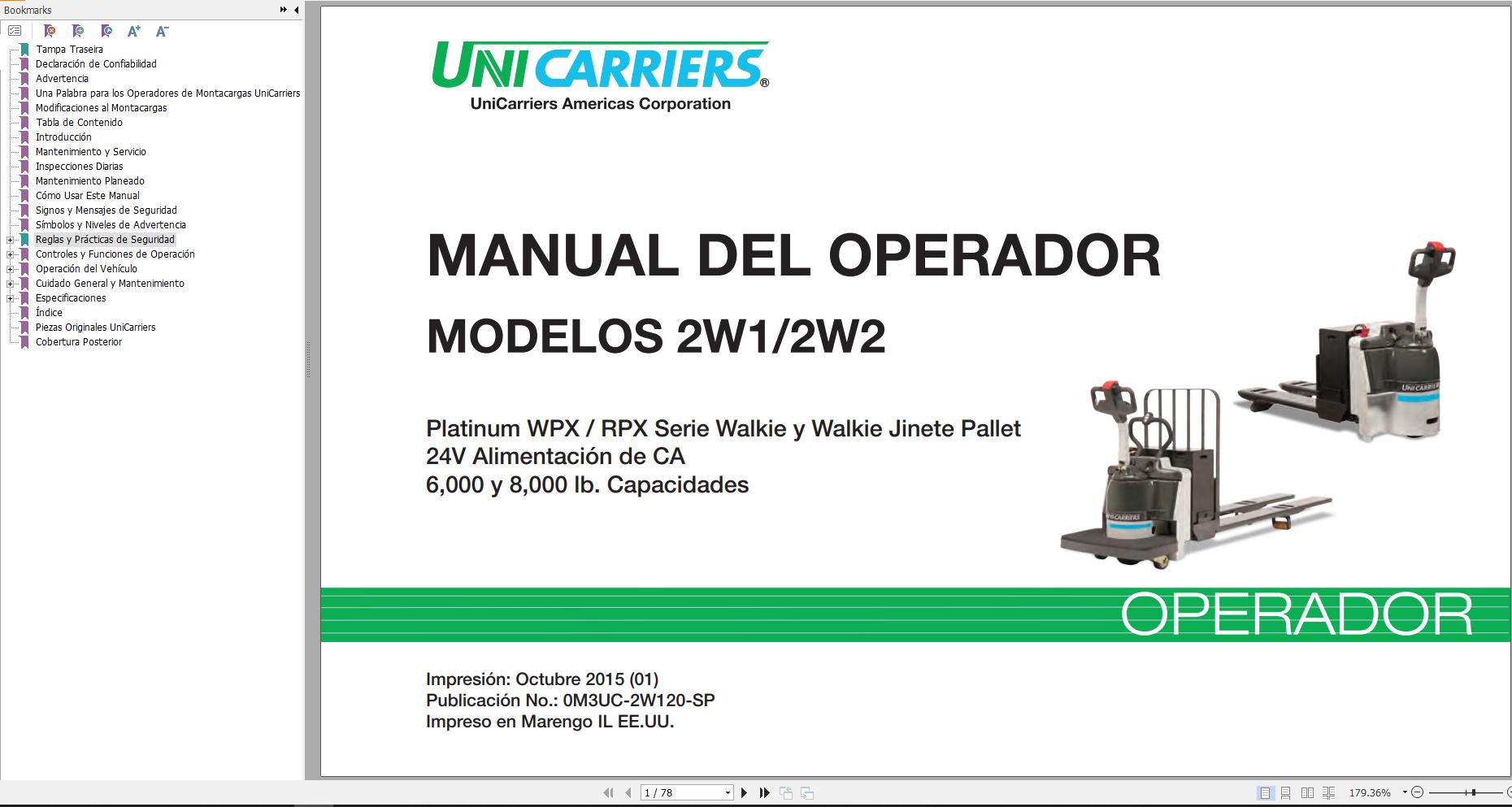 Unicarriers Forklift 2W1 2W2 Operators Manual 0M3UC-2W120-SP ES